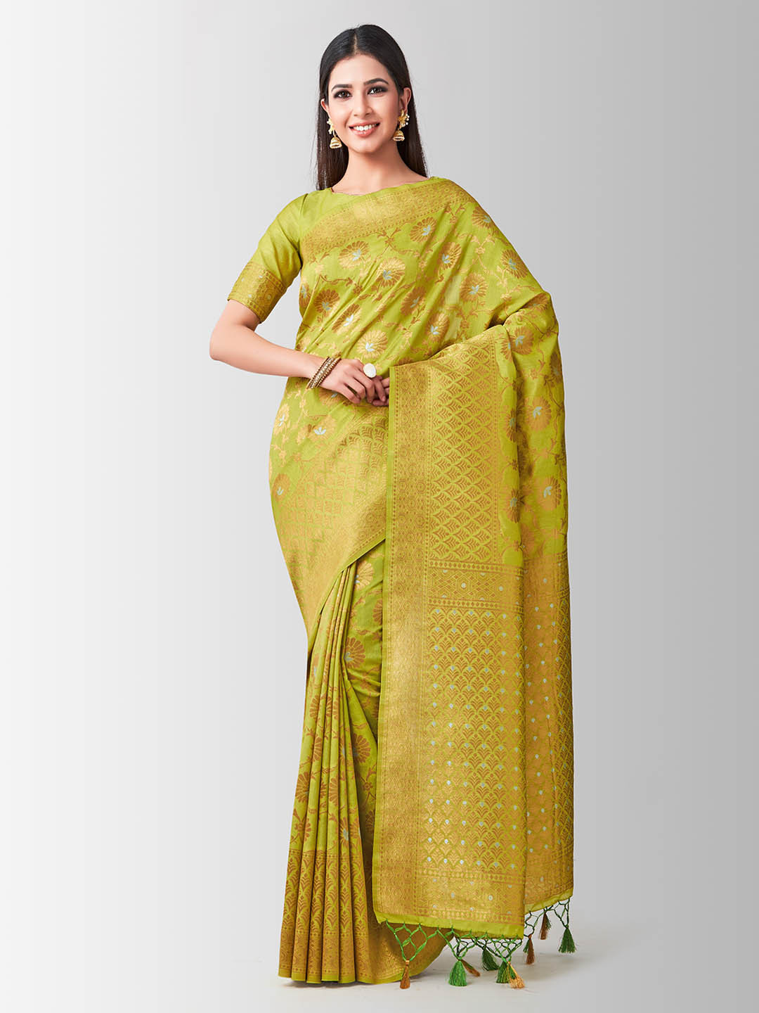 Buy Mitera Lime Green Art Silk Woven Design Kanjeevaram Saree - Sarees ...