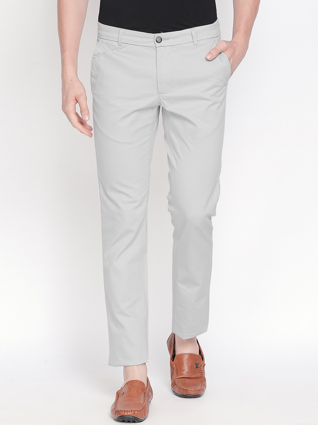 Buy Basics Men Grey Tapered Fit Solid Regular Trousers - Trousers for ...
