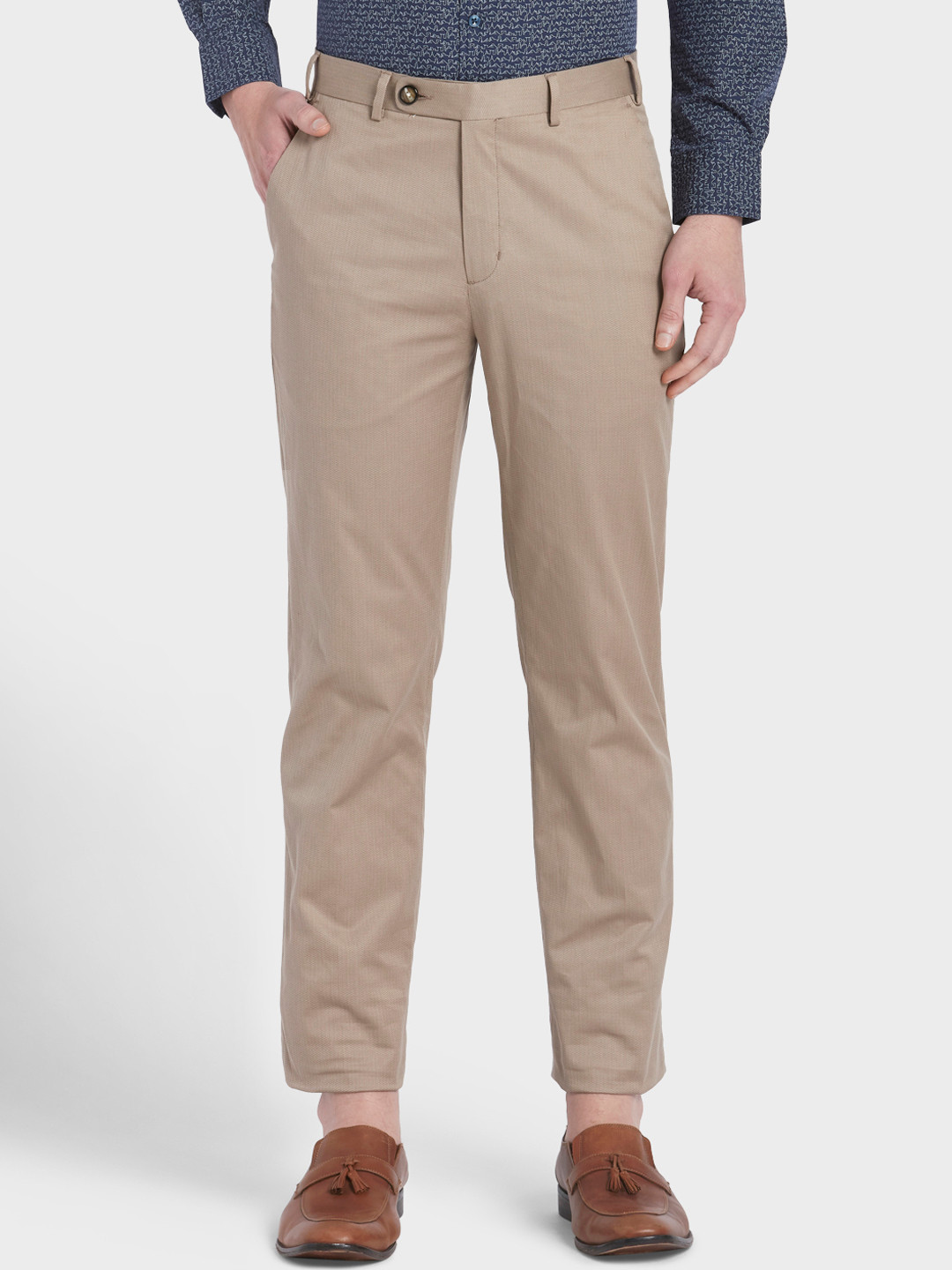Buy ColorPlus Men Beige Tapered Fit Solid Regular Trousers - Trousers ...