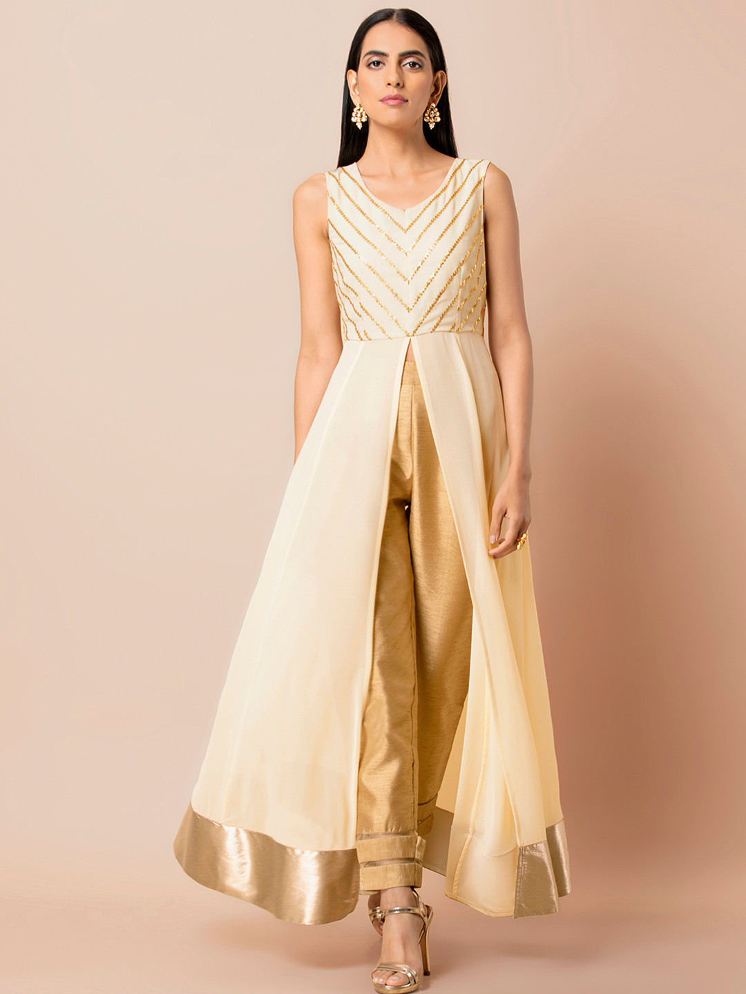 Buy INDYA Beige Sequined Yoke High Slit Tunic - Tunics for Women ...