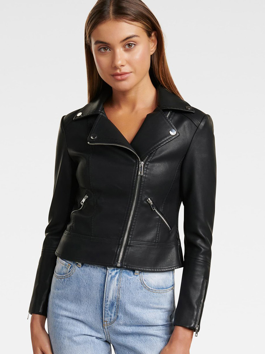 Buy Forever New Women Black Solid Biker Jacket - Jackets for Women ...