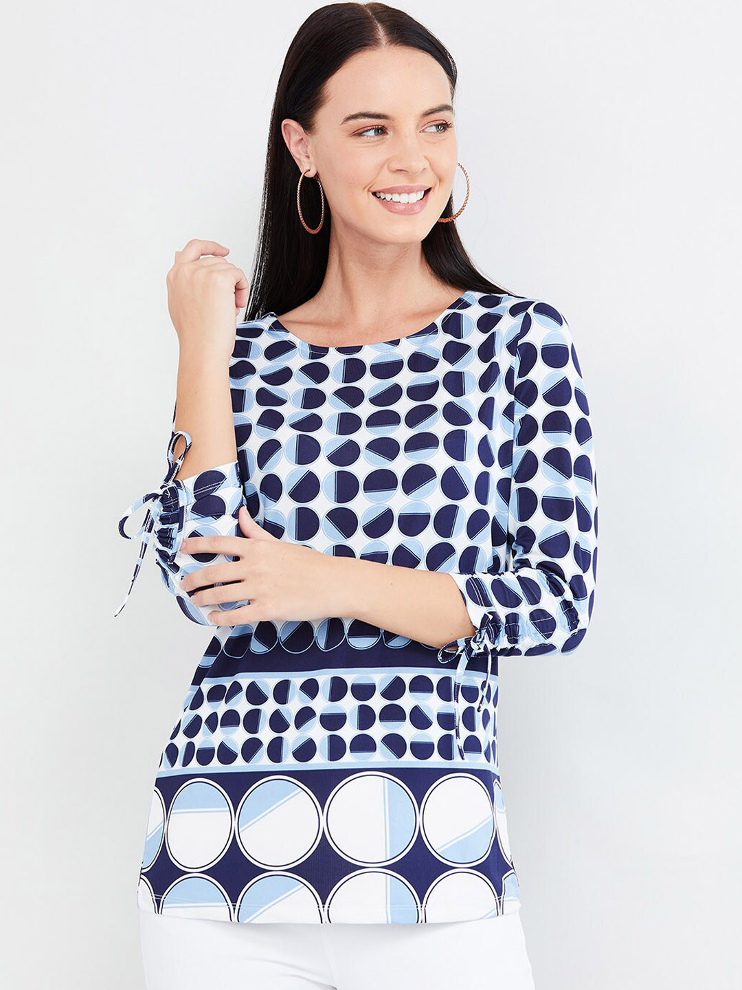 Buy Max Women White & Navy Blue Printed Top - Tops for Women 12641978 ...