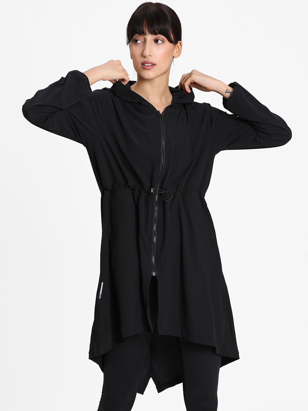Buy Puma Women Black Solid Tailored Studio Flow Hooded Drycell Longline ...