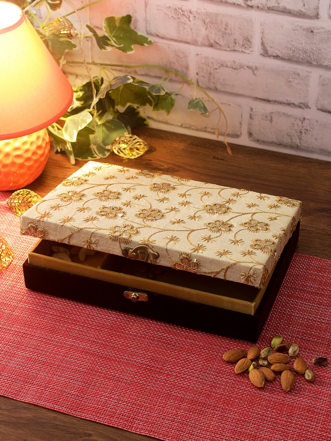 Buy Aapno Rajasthan Beige & Gold Toned Embroidered Wood Multipurpose ...