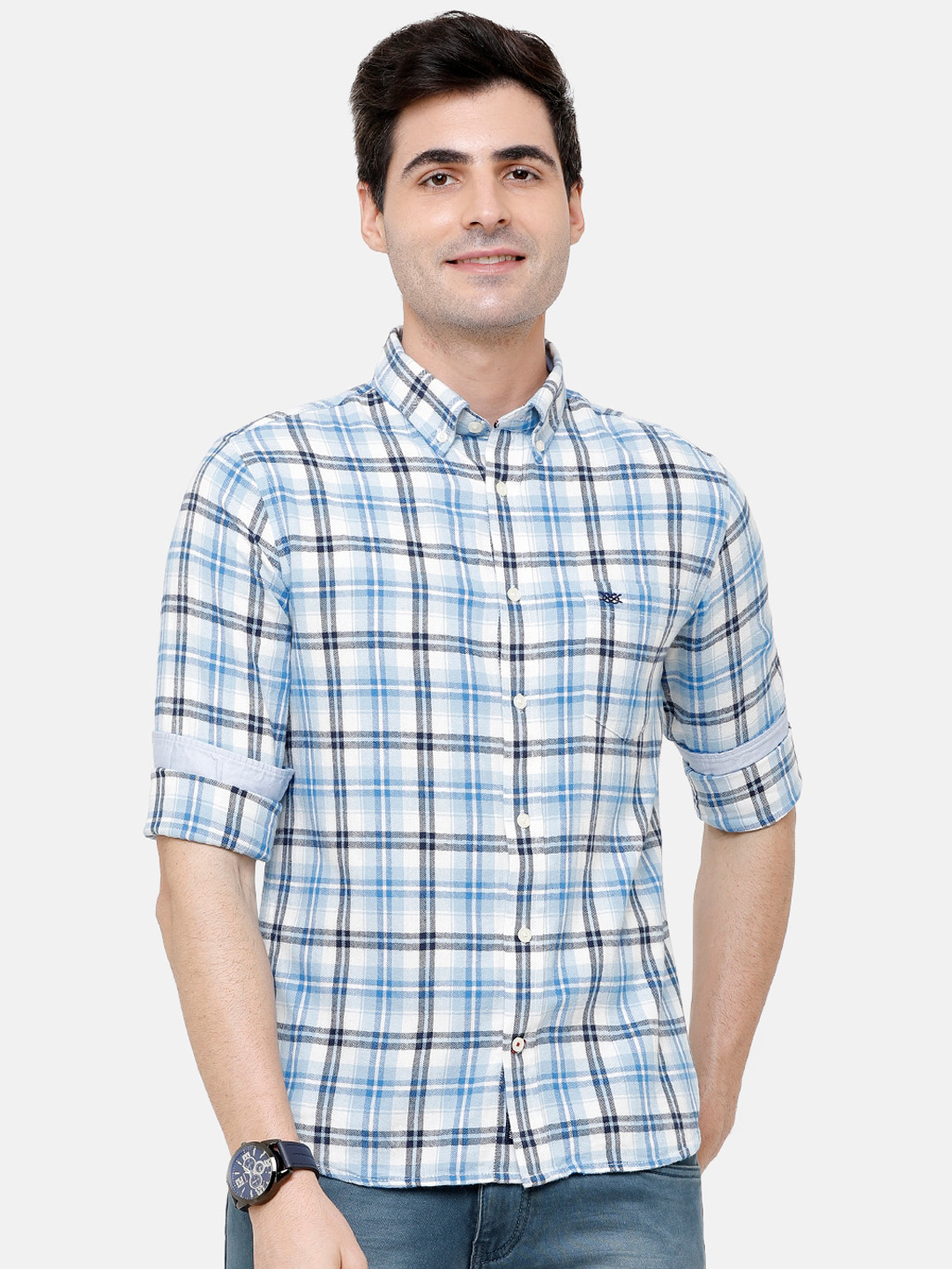 Buy Double Two Men Blue & White Slim Fit Checked Casual Shirt - Shirts ...