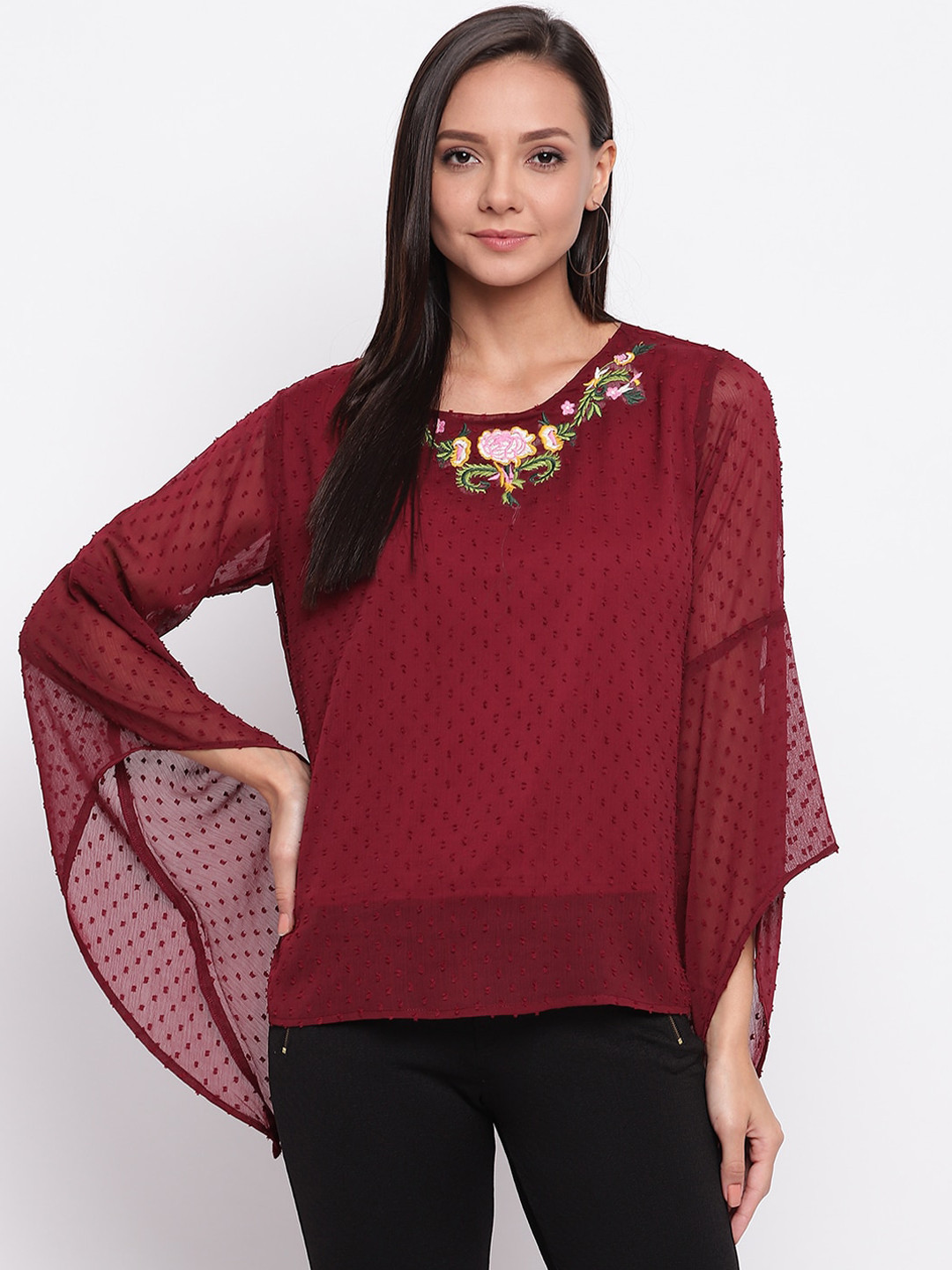 Buy Mayra Women Maroon Embroidered Top - Tops for Women 12628720 | Myntra