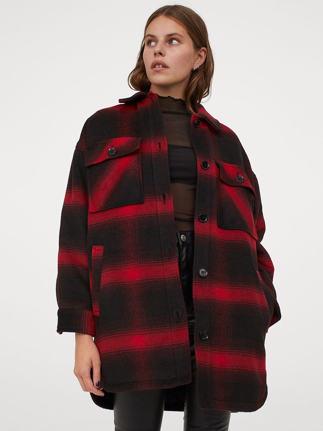 Buy H&M Women Red & Black Checked Shacket - Jackets for Women 12629182 ...