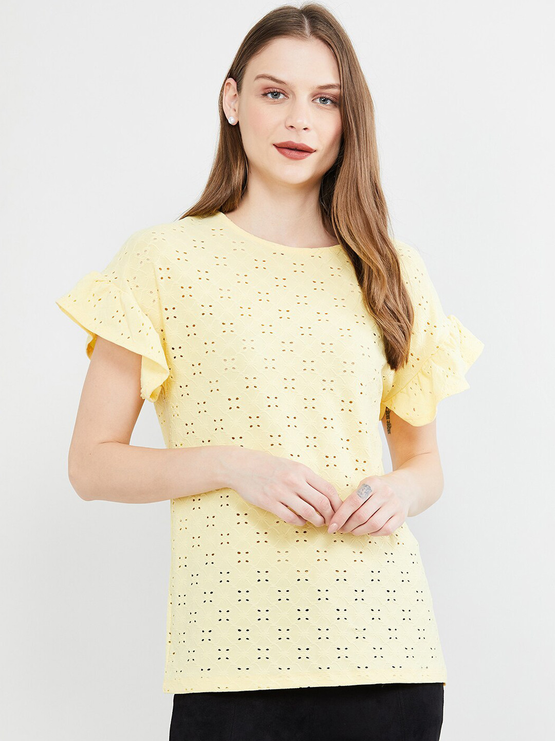 Buy Max Women Yellow Self Design Schiffli Top - Tops for Women 12642146 ...