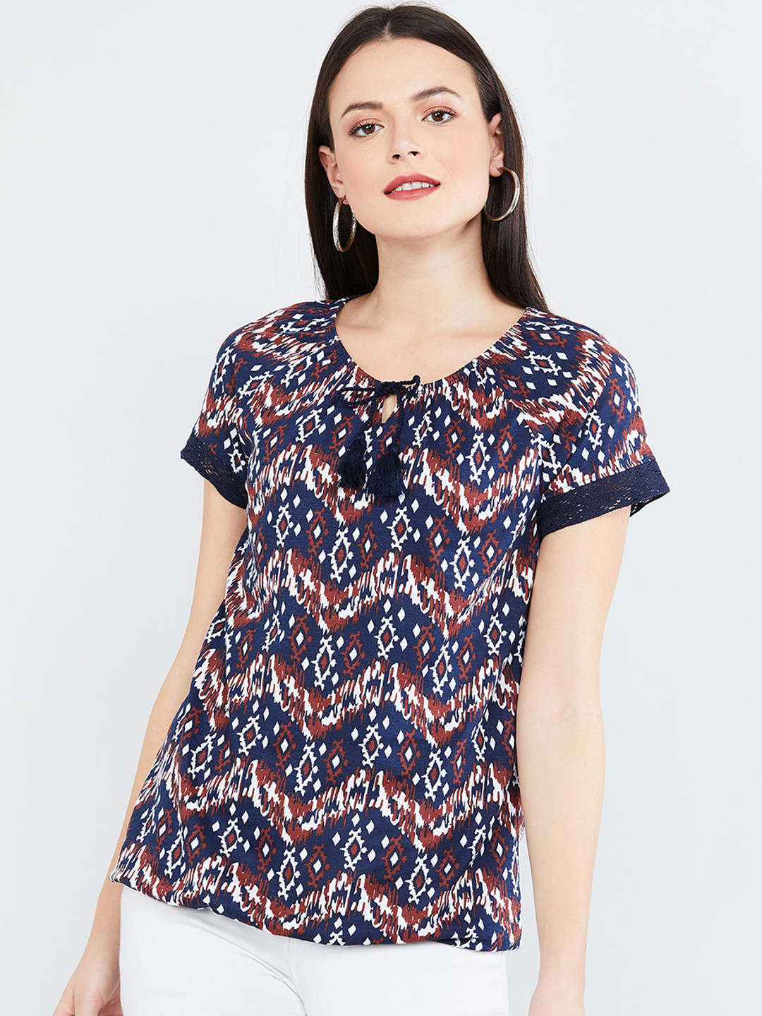 Buy Max Women Navy Blue Printed Pure Cotton Top - Tops for Women ...