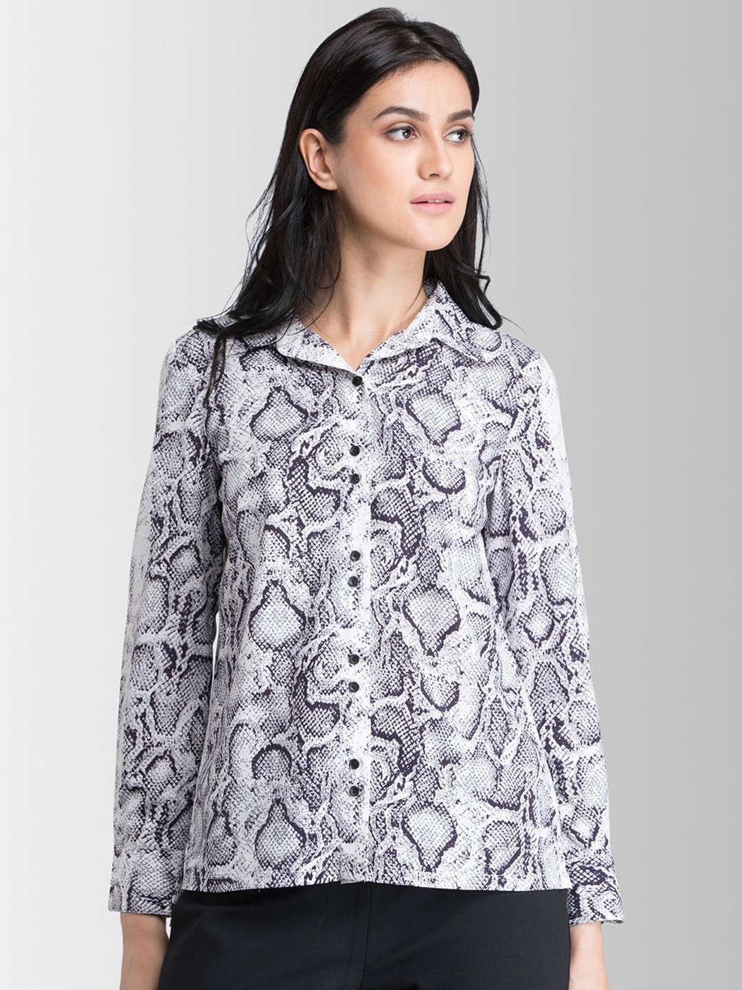 Buy FableStreet Women White & Grey Regular Fit Printed Formal Shirt ... Buy FableStreet Women White & Grey Regular Fit Printed Formal Shirt ...