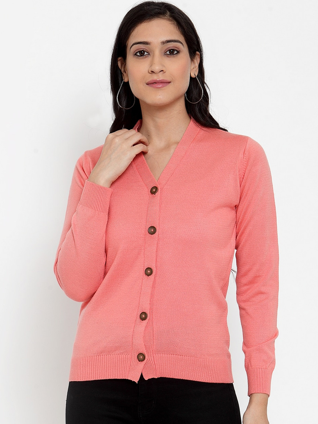 Buy Kalt Women Acrylic Peach Coloured Solid Front Open Sweater ...