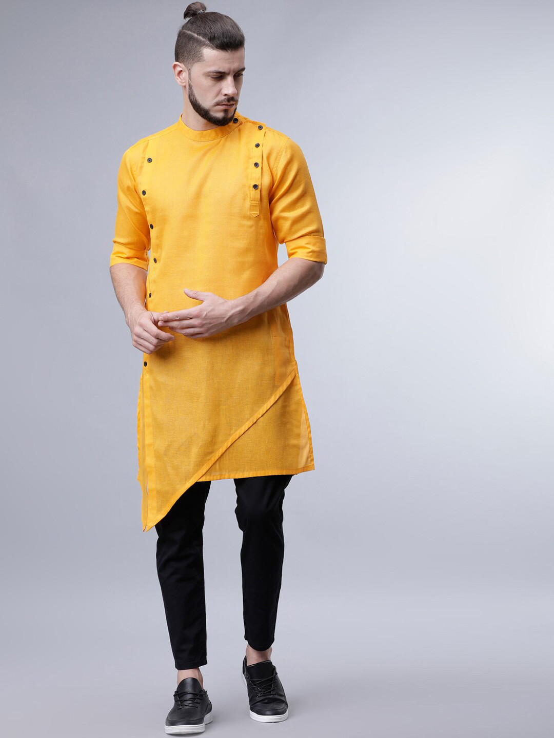 Buy Svanik Men Yellow Woven Design Straight Kurta - Kurtas for Men ...