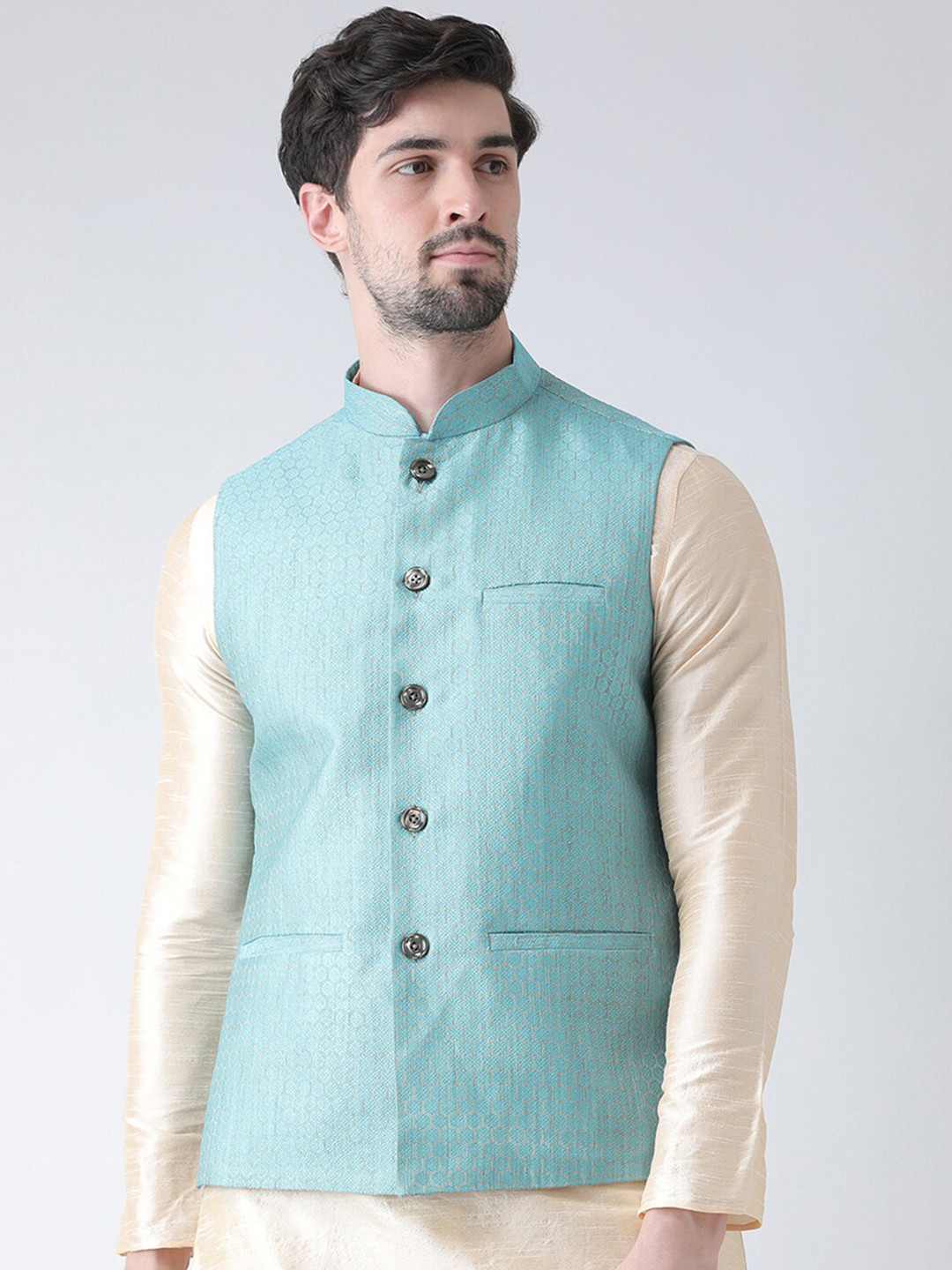 Buy LAMAAYA Men Turquoise Blue & Gold Coloured Woven Design Nehru ...