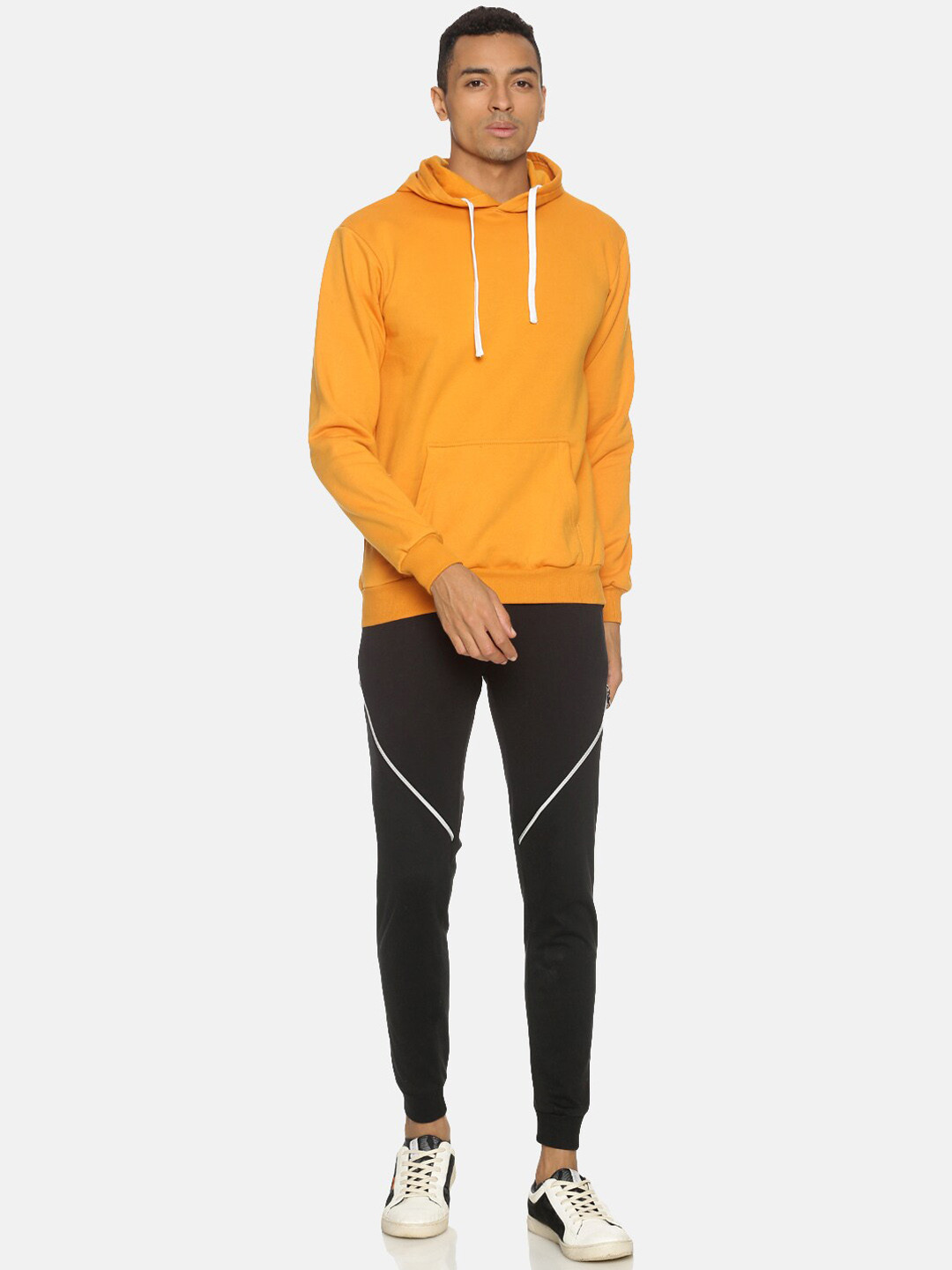 Buy Campus Sutra Men Mustard Yellow & Black Solid Hooded Tracksuit ...