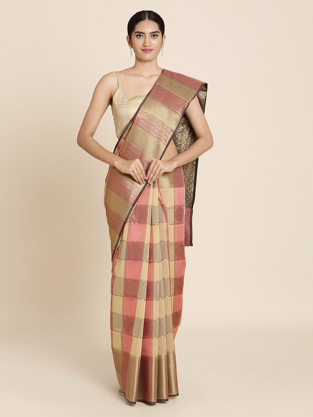 Buy Koskii Peach Coloured & Gold Toned Art Silk Checked Saree - Sarees ... Buy Koskii Peach Coloured & Gold Toned Art Silk Checked Saree - Sarees ...