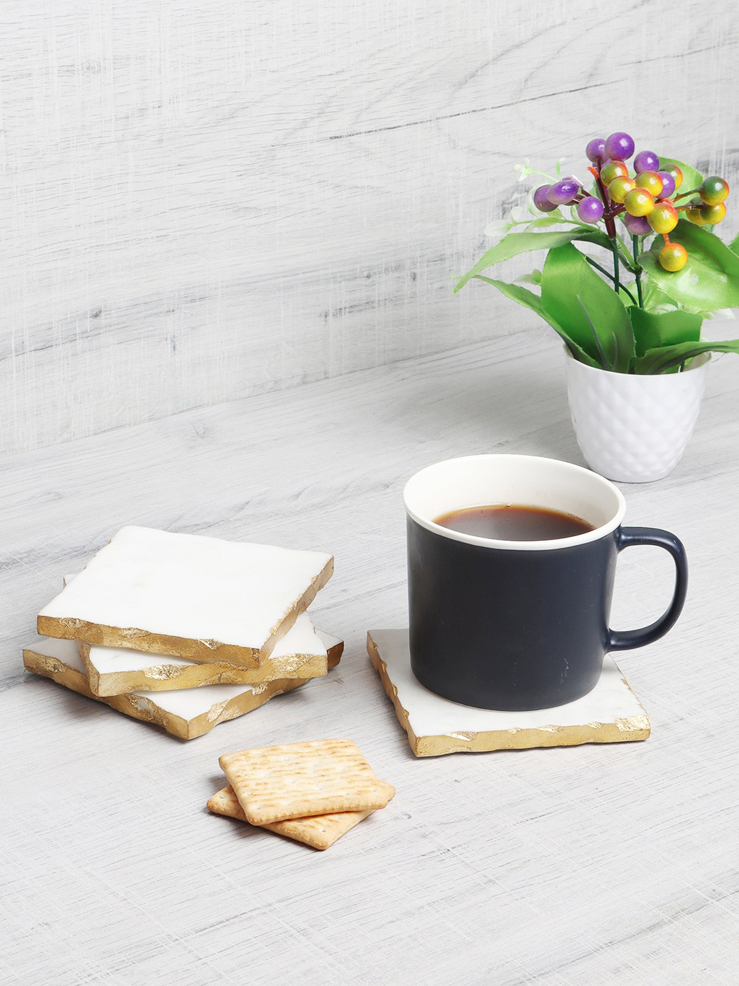 Buy NikkisPride Set Of 4 White & Gold Coloured Marble Square Coasters ...