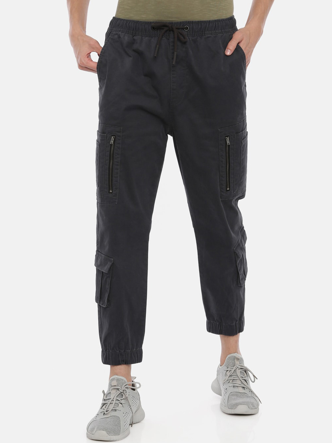 Buy Breakbounce Men Charcoal Grey Solid Slim Fit Fully Loaded Cargo ...