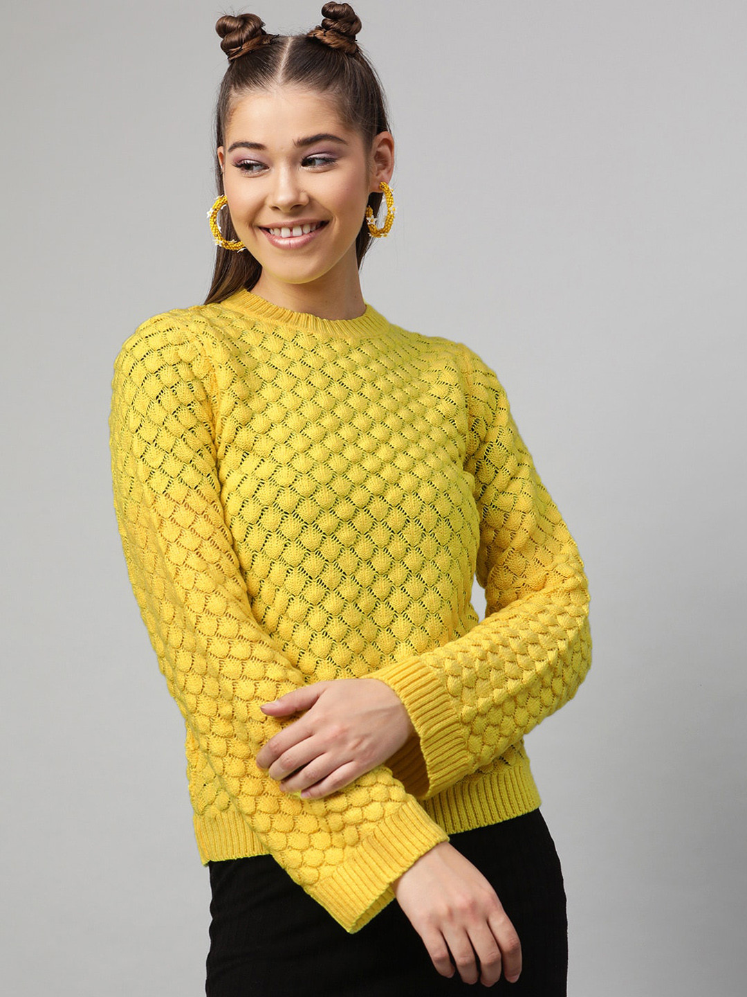 Buy STREET 9 Women Yellow Self Design Pullover Sweater - Sweaters for ...