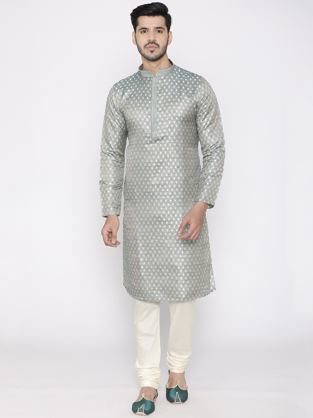 Buy Manyavar Men Blue & White Self Design Kurta With Churidar - Kurta ...