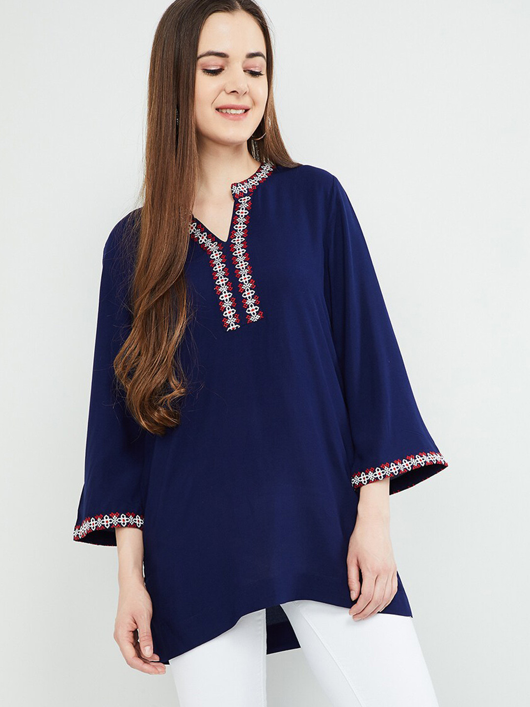 Buy MAX Women Navy Blue Flared Sleeves Embroidered Tunic - Tunics for ...