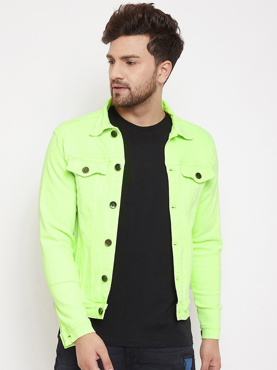 Buy FUGAZEE Men Fluorescent Green Solid Denim Jacket - Jackets for Men ...