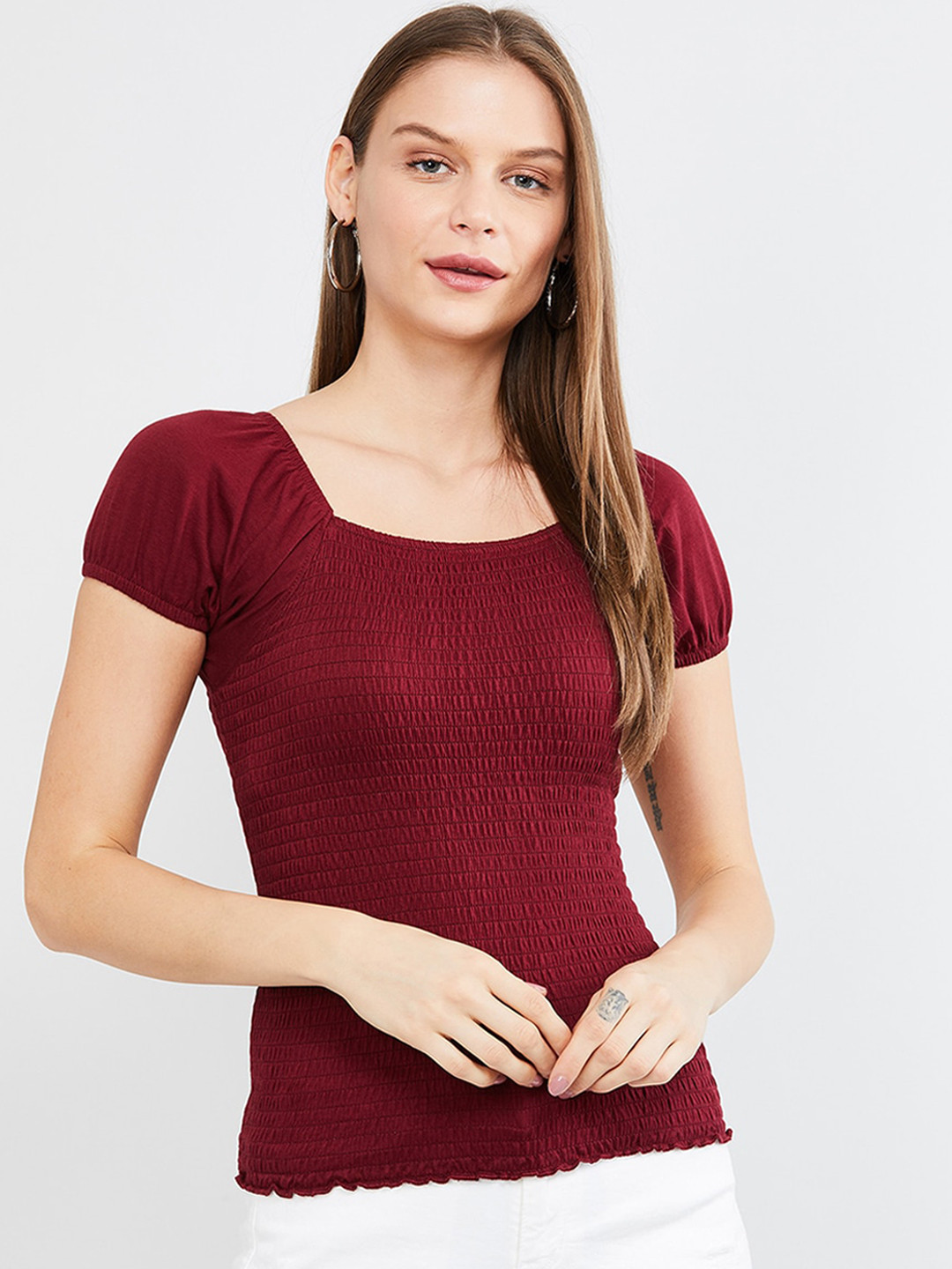 Buy Max Women Maroon Solid Fitted Pure Cotton Top - Tops for Women ...