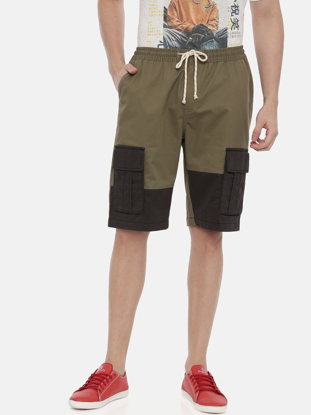 Buy Breakbounce Men Olive Green & Brown Colourblocked Slim Fit Cargo ...