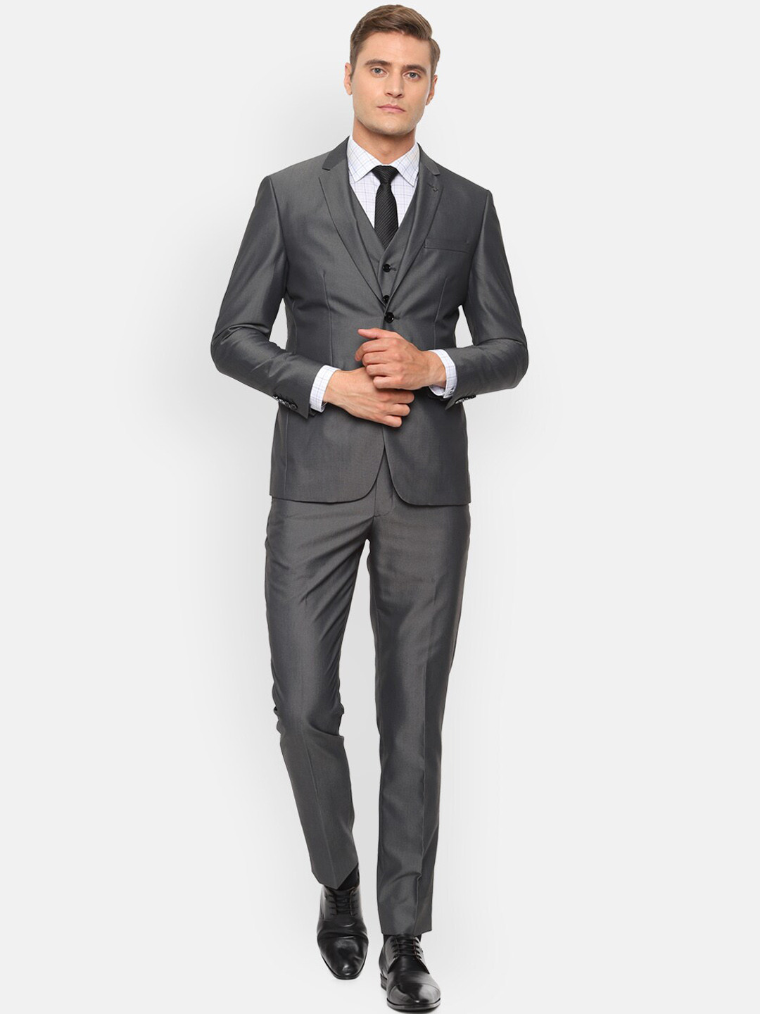 Buy Louis Philippe Men Grey Self Design Slim Fit Single Breasted Formal ...
