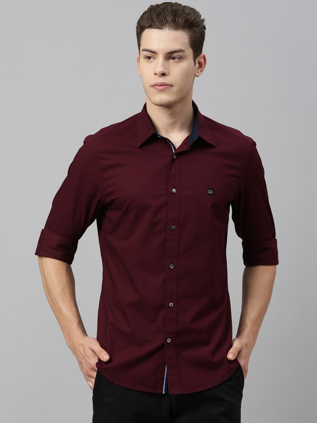 Buy RARE RABBIT Men Maroon Tailored Fit Solid Casual Shirt - Shirts for ...