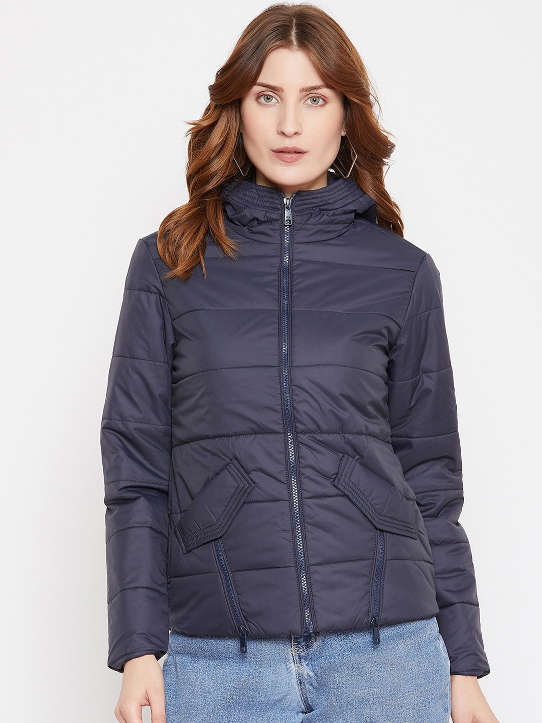 Buy Octave Women Navy Blue Solid Padded Jacket - Jackets for Women ...