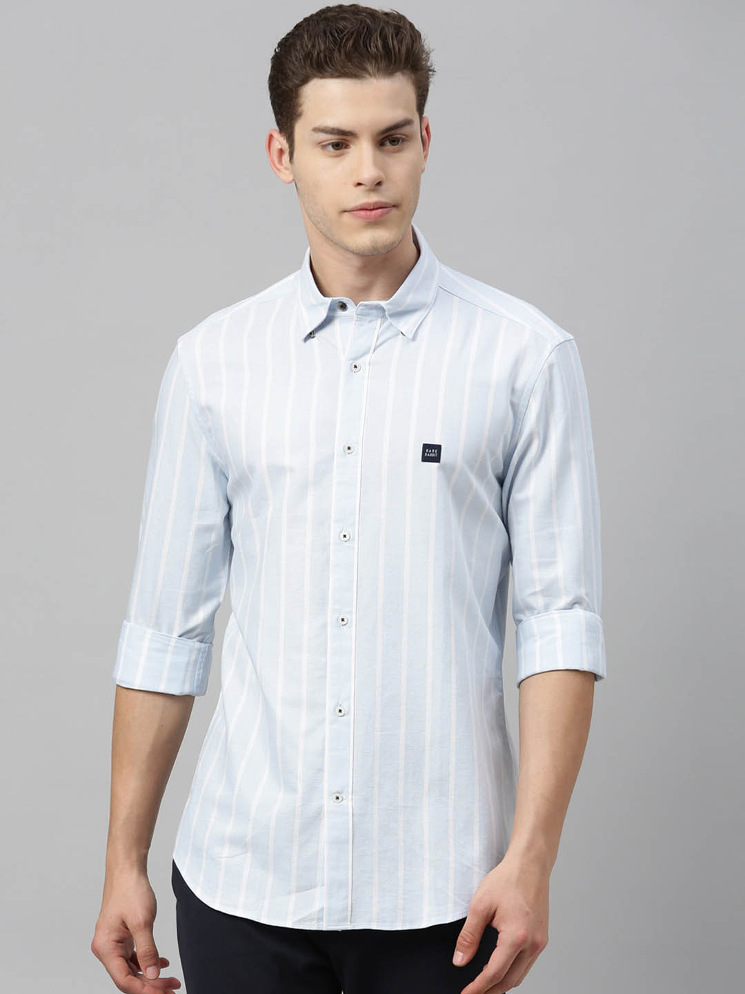 Buy RARE RABBIT Men Blue & White Tailored Fit Striped Casual Shirt ...