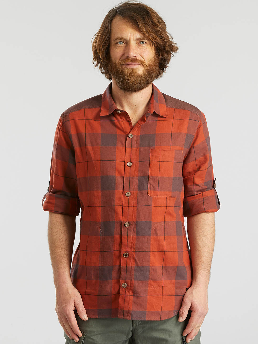 Buy FORCLAZ By Decathlon Men Rust Red Full Sleeve Checked Hiking And ...
