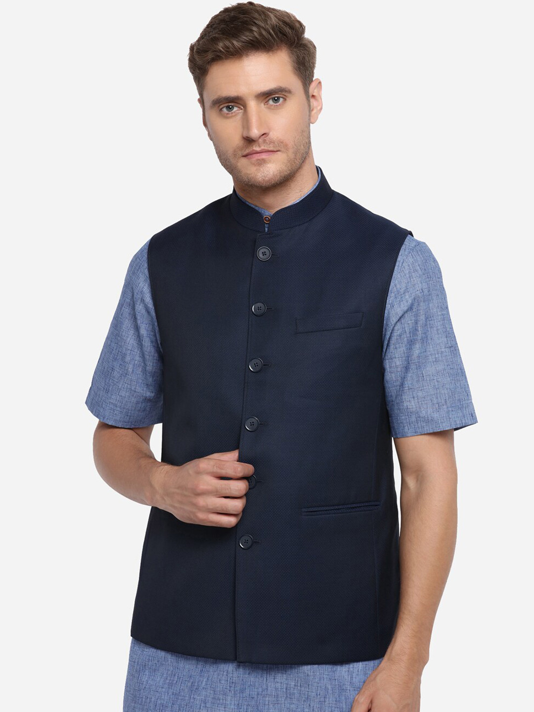 Buy JADE BLUE Men Navy Blue Solid Modi Jacket - Nehru Jackets for Men ...