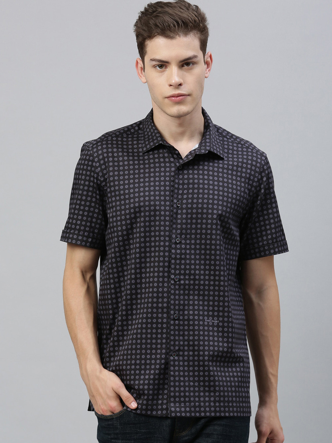 Buy RARE RABBIT Men Black & Grey Tailored Fit Printed Casual Shirt ...