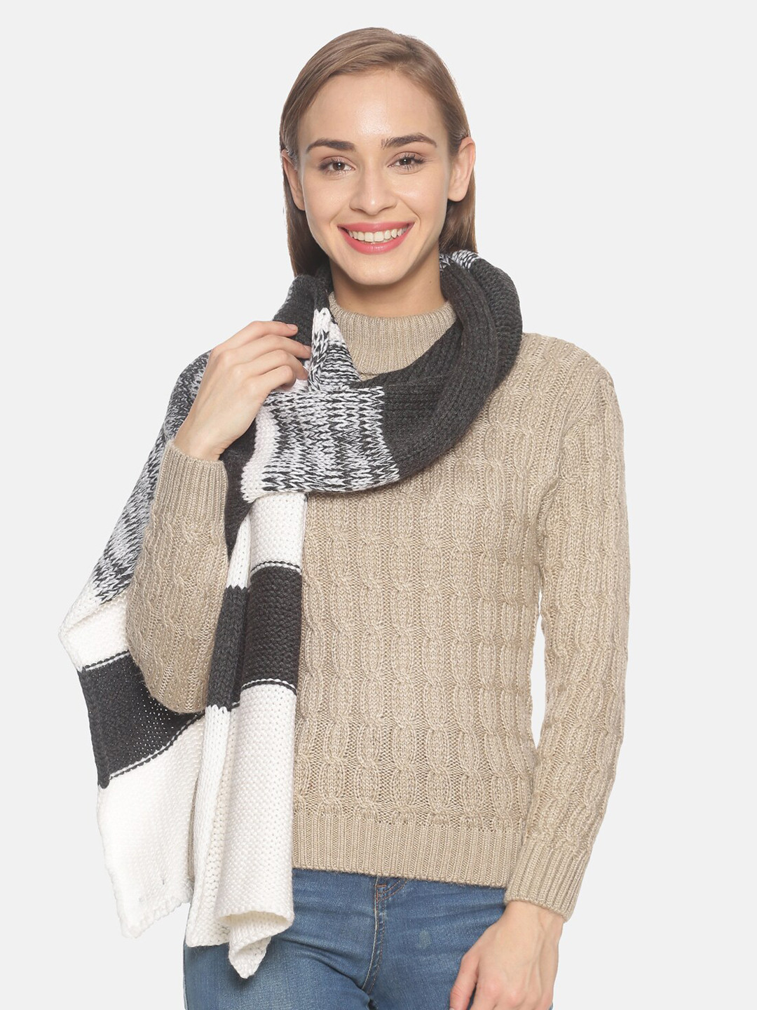 Buy 513 Women White & Charcoal Grey Colourblocked Muffler - Mufflers ...