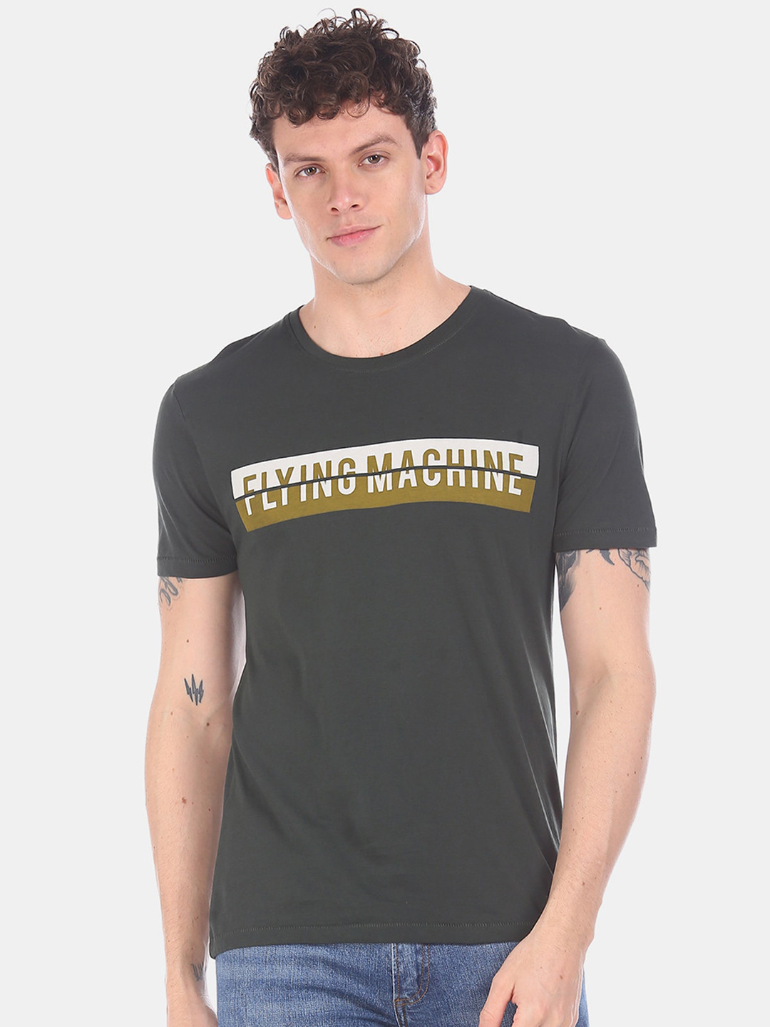 Buy Flying Machine Men Charcoal Printed Round Neck T Shirt - Tshirts ...