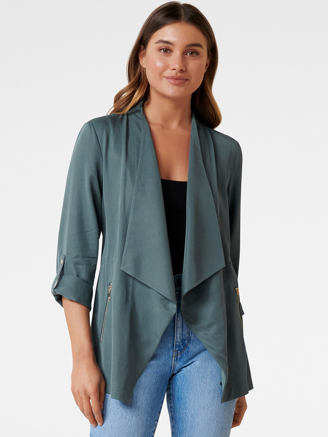 Buy Forever New Women Blue Solid Lightweight Open Front Jacket ...