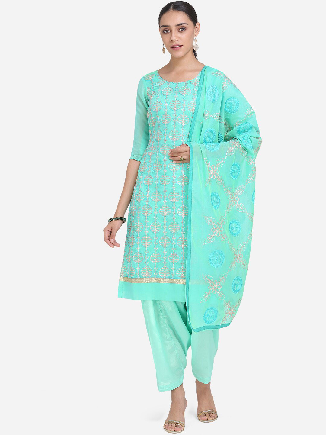 Buy Ethnic Junction Turquoise Blue Silk Blend Unstitched Dress Material ...