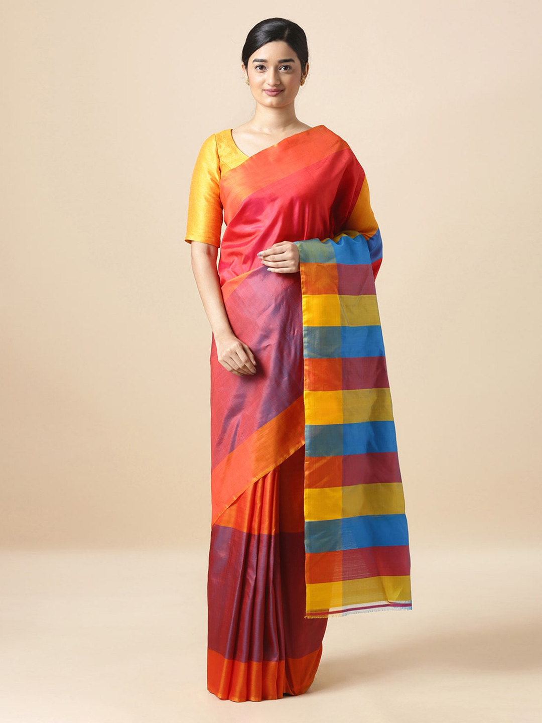 Buy Taneira Multicoloured Colourblocked Pure Cotton Saree - Sarees for ...