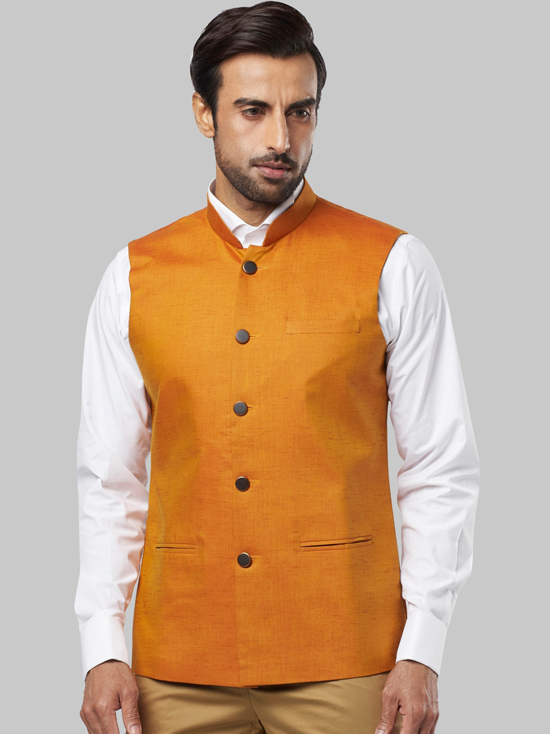 Buy Ethnix By Raymond Men Orange Solid Pure Cotton Nehru Jacket - Nehru ...
