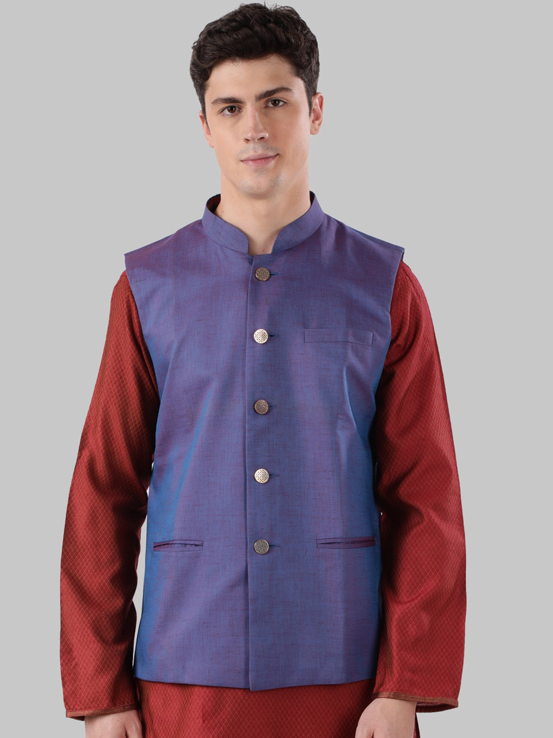 Buy Ethnix By Raymond Men Blue & Red Solid Nehru Jacket - Nehru Jackets ...