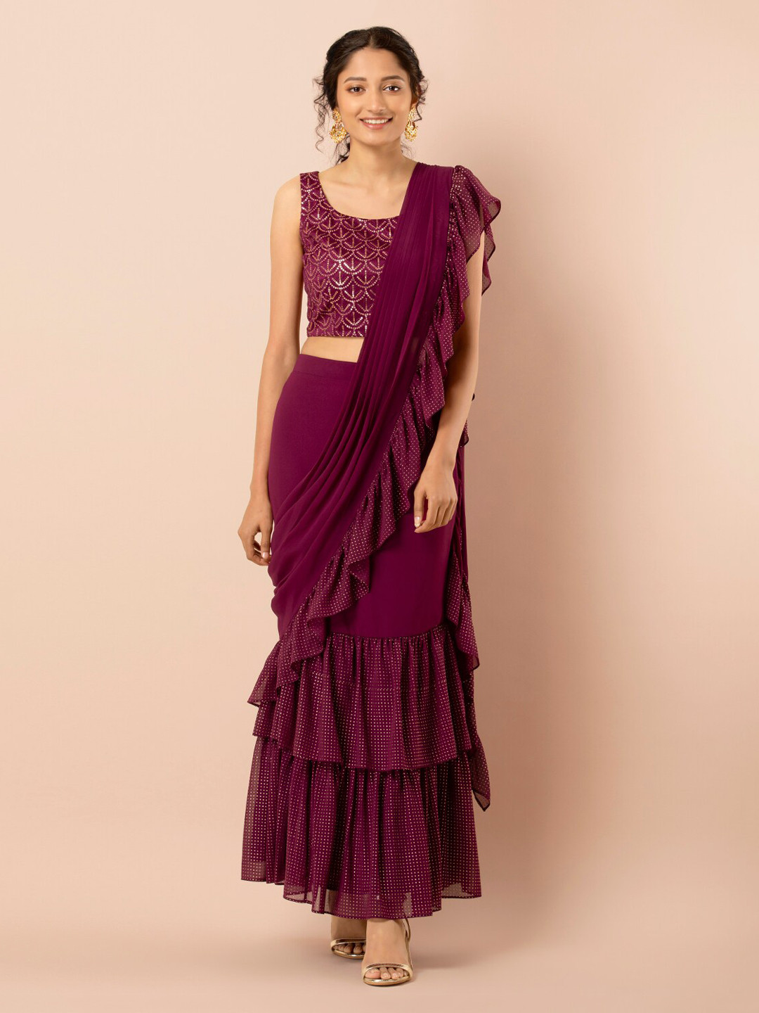 Buy INDYA Purple Ruffled Ready To Wear Saree - Sarees for Women ...