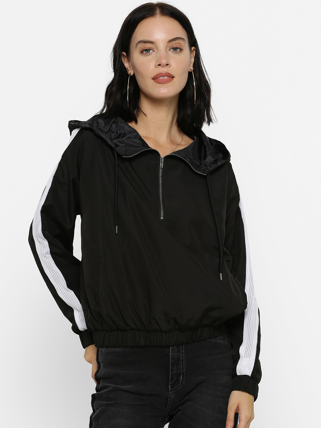 Buy FOREVER 21 Women Black & White Colourblocked Hooded Sweatshirt ...