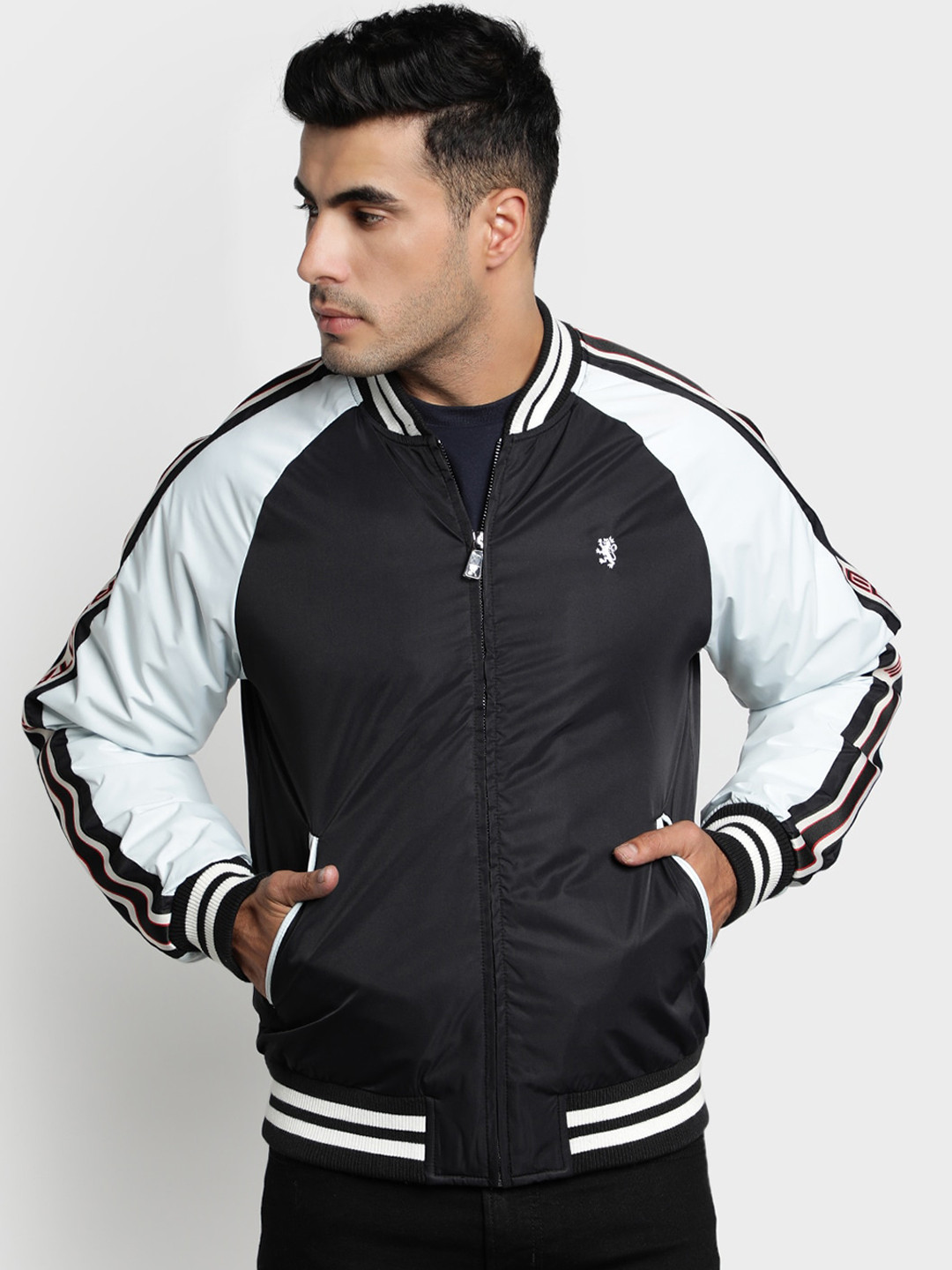 Buy Red Tape Men Black & White Colourblocked Bomber - Jackets for Men ...