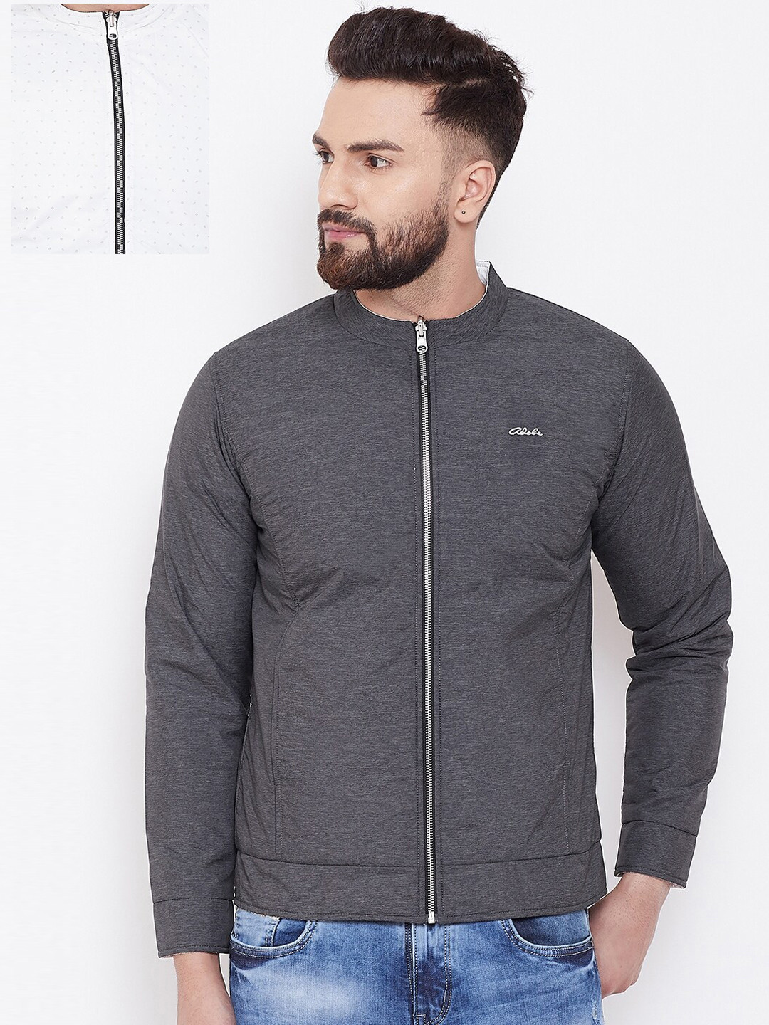 Buy Adobe Men Grey & White Printed Reversible Bomber Jacket - Jackets ...