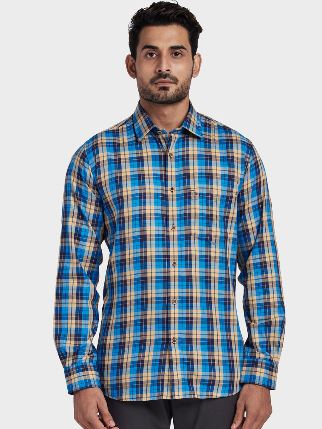 Buy ColorPlus Men Blue & Yellow Tailored Fit Checked Casual Shirt ...