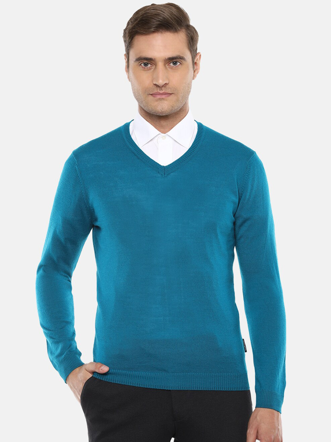 Buy Van Heusen Men Blue Solid Woolen Pullover Sweater - Sweaters for ...