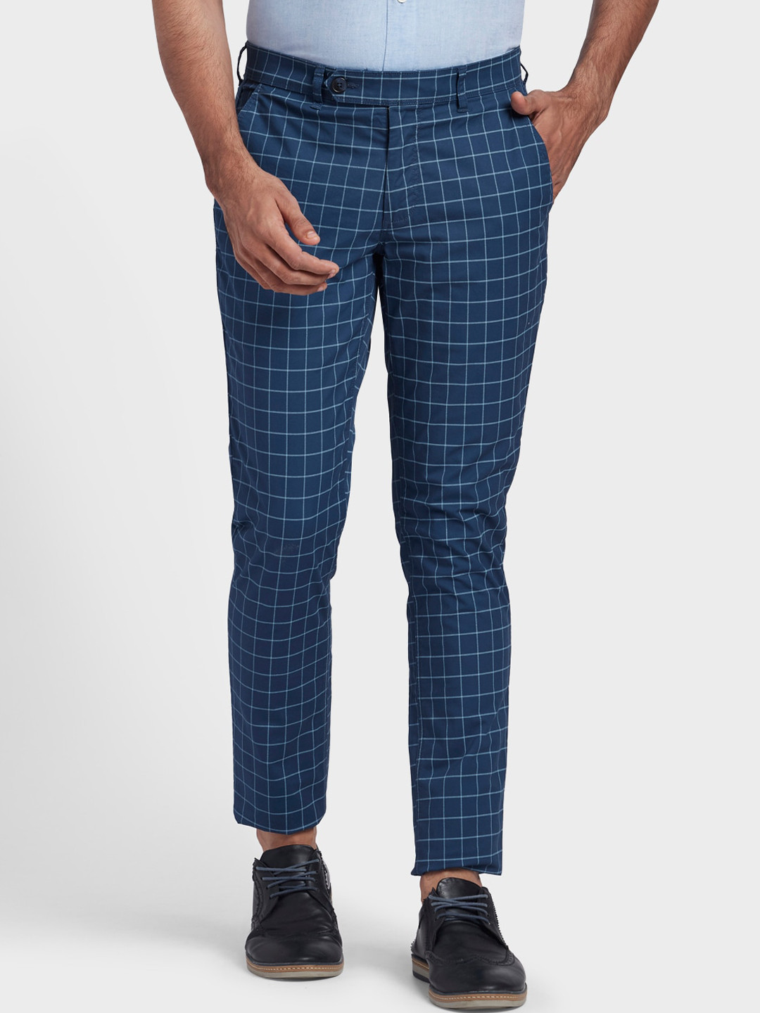 Buy ColorPlus Men Blue Regular Fit Checked Trousers - Trousers for Men ...