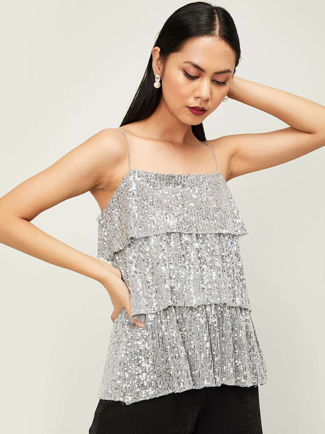 Buy Ginger By Lifestyle Women Silver Toned Embellished Tiered Top ...