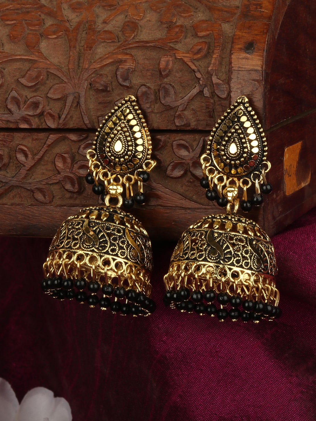 Buy ANIKAS CREATION Black & Gold Plated Dome Shaped Jhumkas - Earrings ... Buy ANIKAS CREATION Black & Gold Plated Dome Shaped Jhumkas - Earrings ...